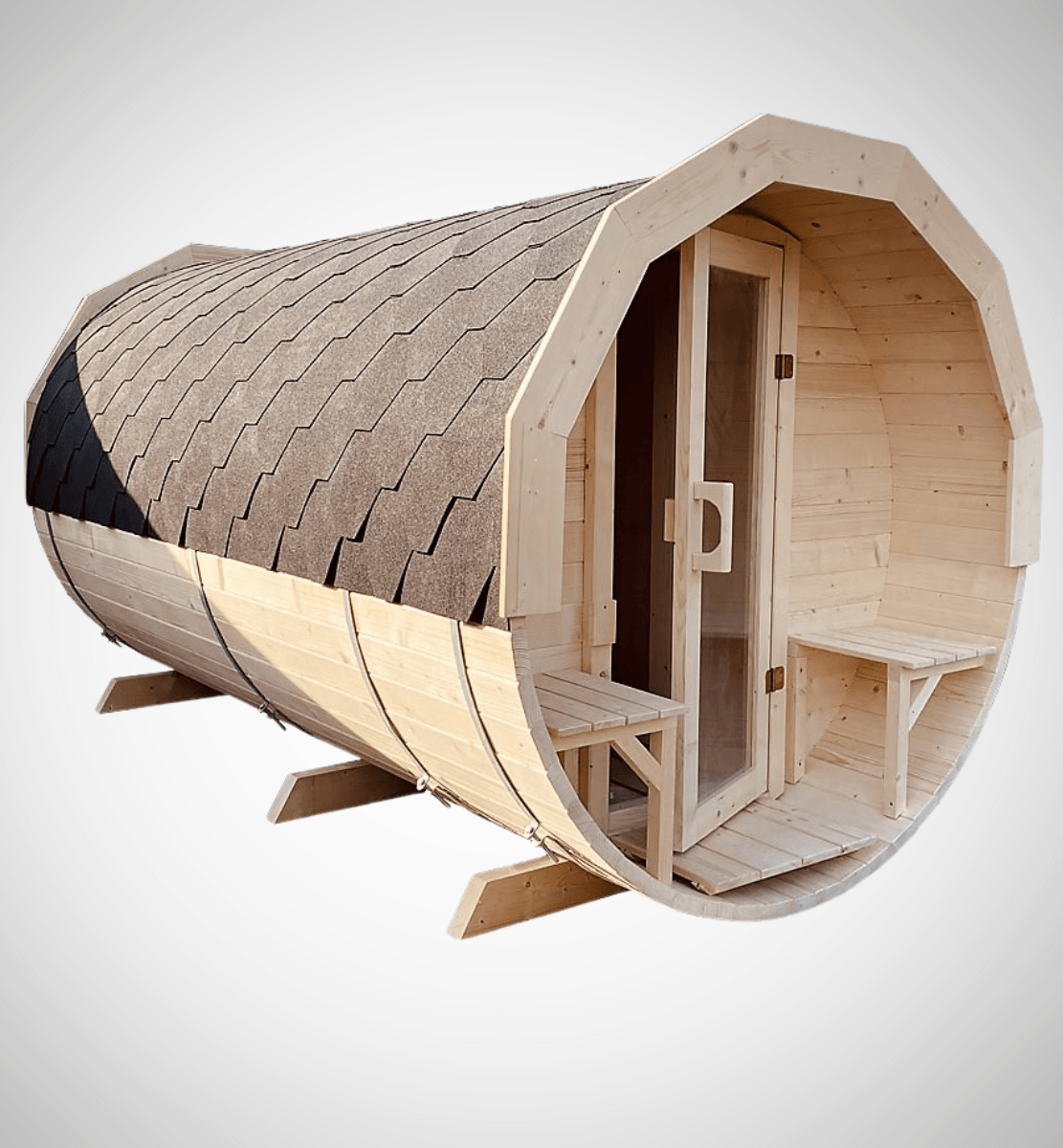 großes komfortables Saunafass iso 3,5m als Bausatz Vorraum & Veranda ...