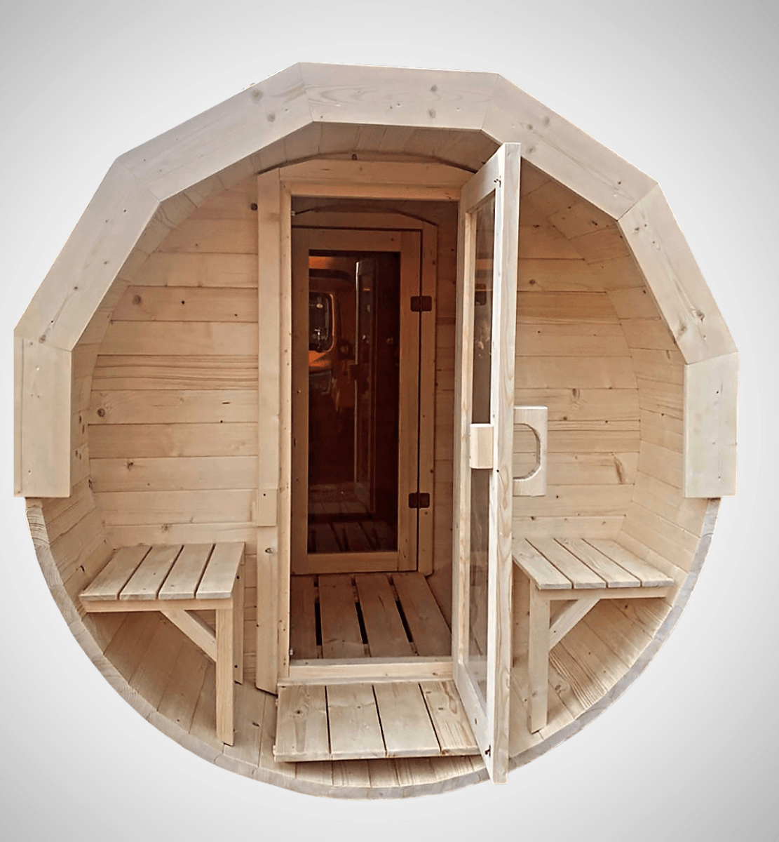 großes komfortables Saunafass iso 3,5m als Bausatz Vorraum & Veranda ...